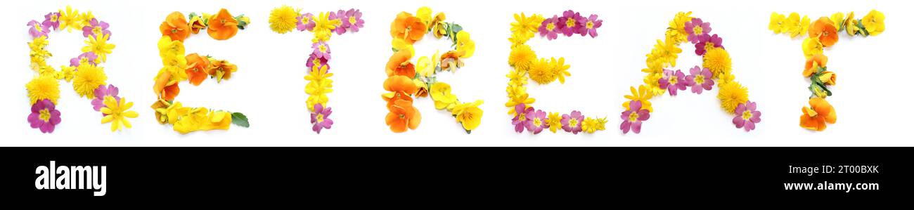 The word RETREAT made of yellow pink red and orange flowers. The floral ...