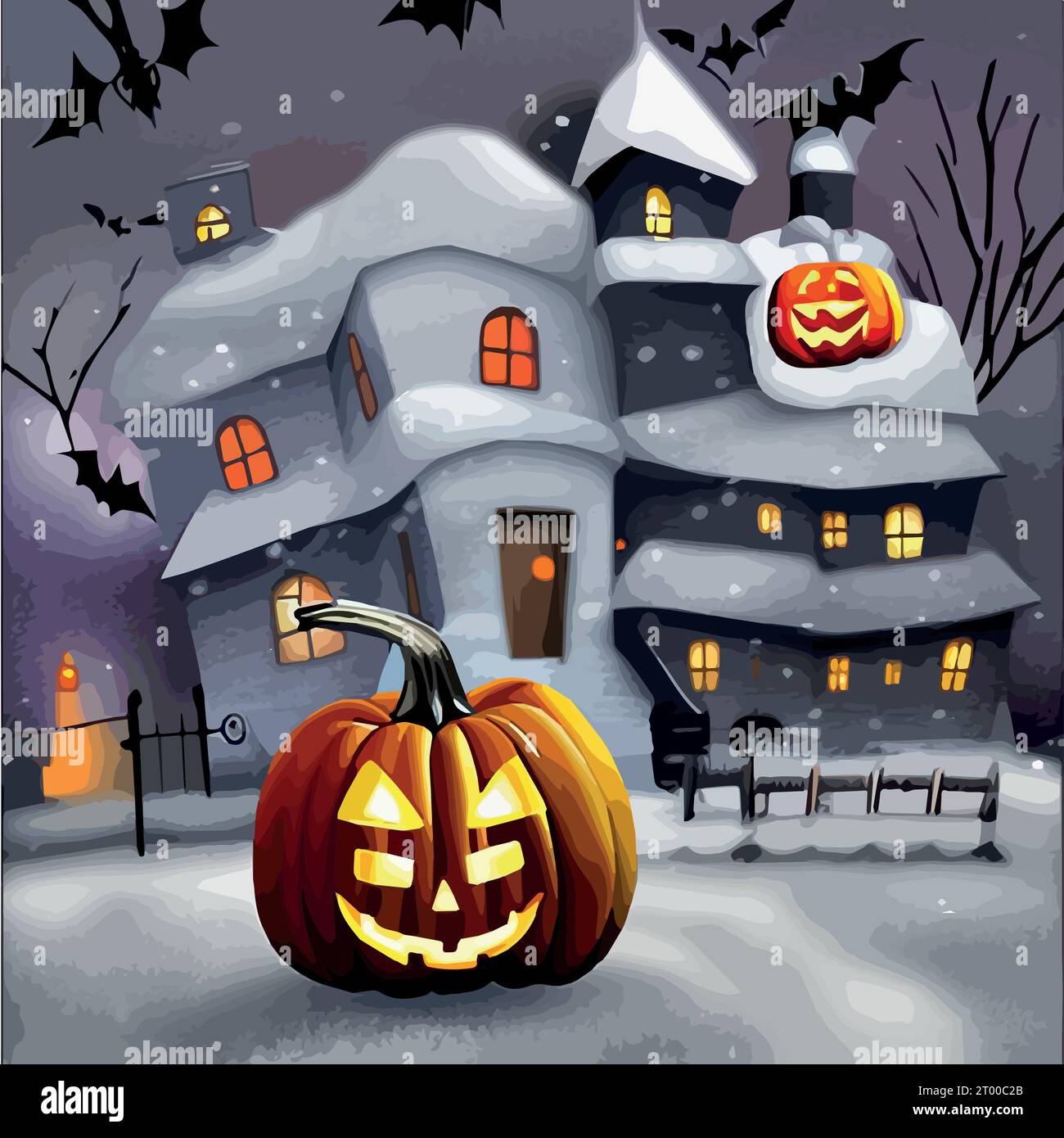 Halloween pumpkins in a snowy in a garden and bats in the vector ...