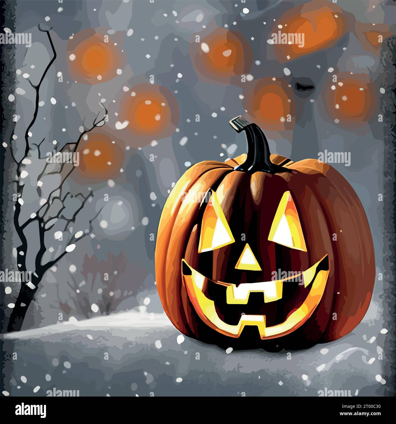 Halloween carved pumpkins and bats in the snowy forest vector ...