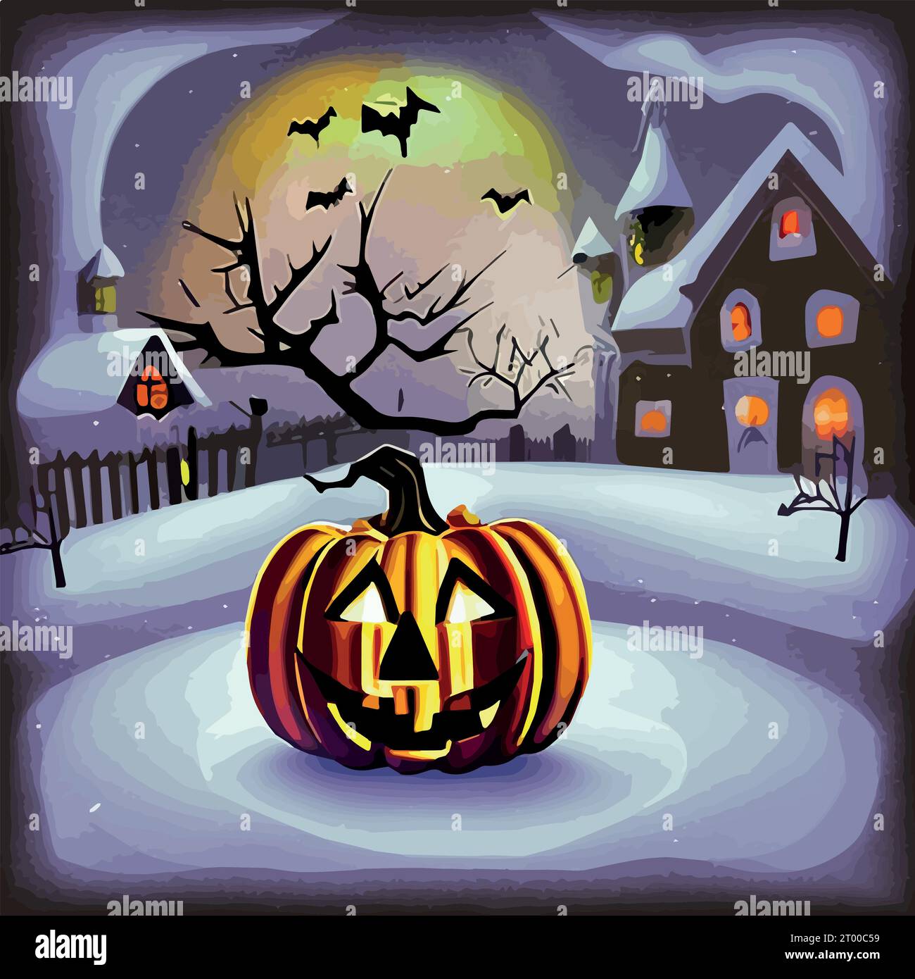 Halloween pumpkins in a snowy in a garden and bats in the vector ...