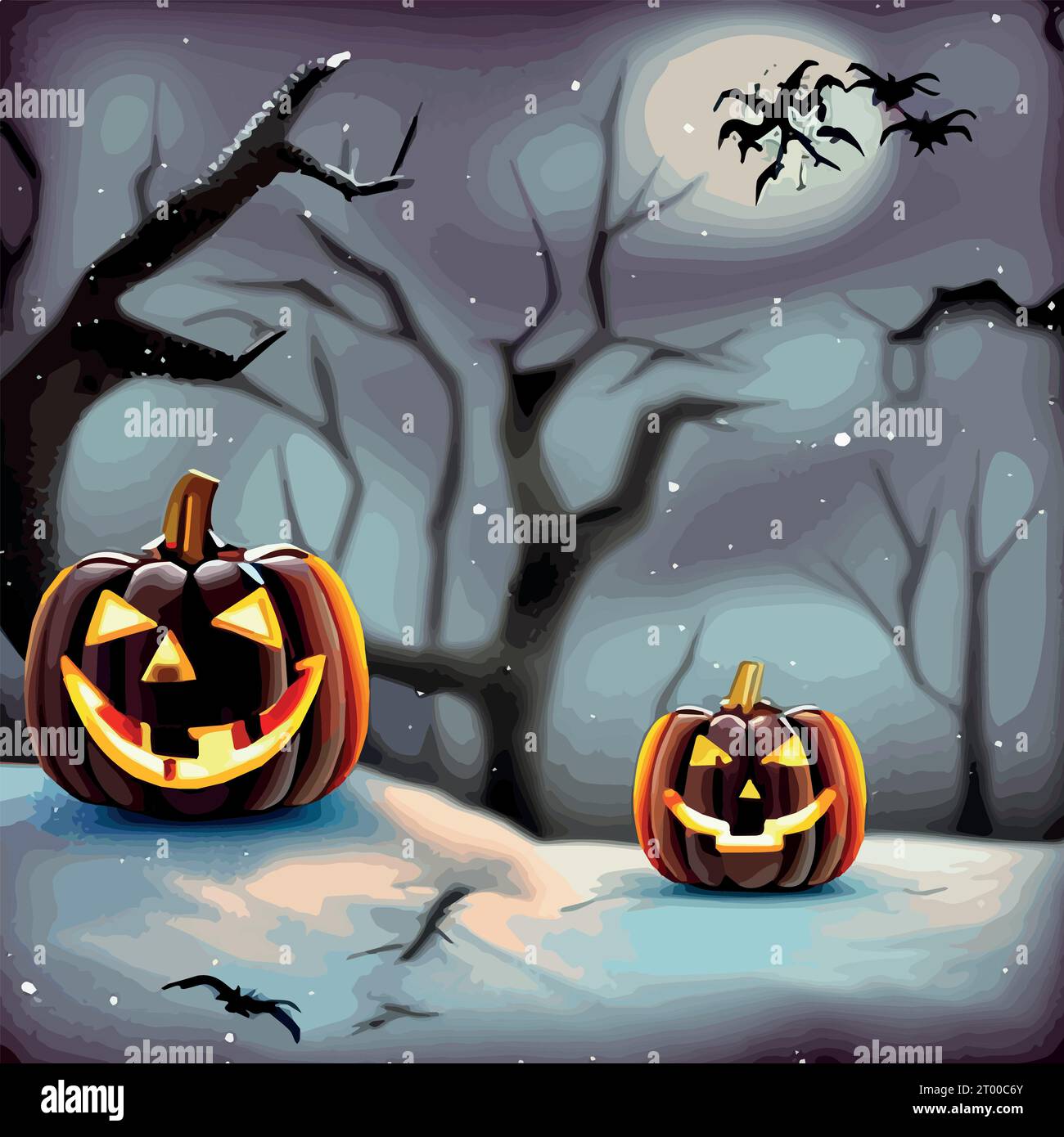 Halloween carved pumpkins and bats in the snowy forest vector ...