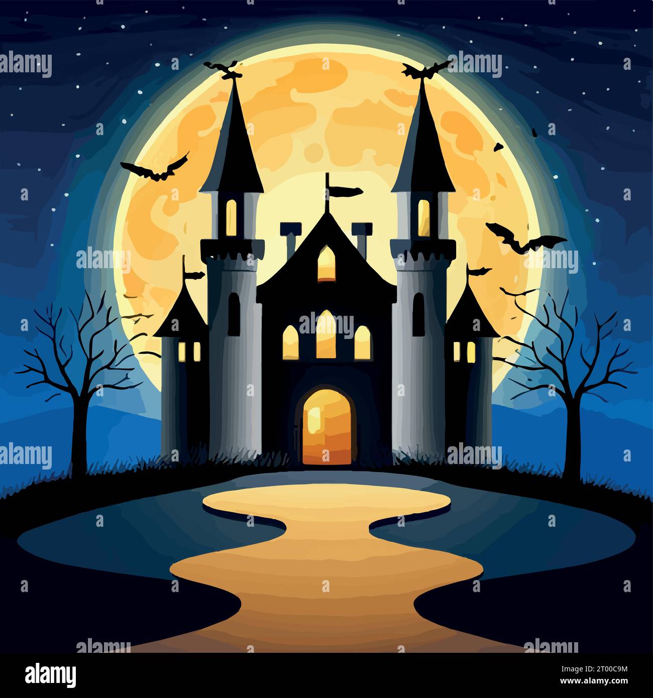 Halloween night with black silhouette castle on road and bats against ...