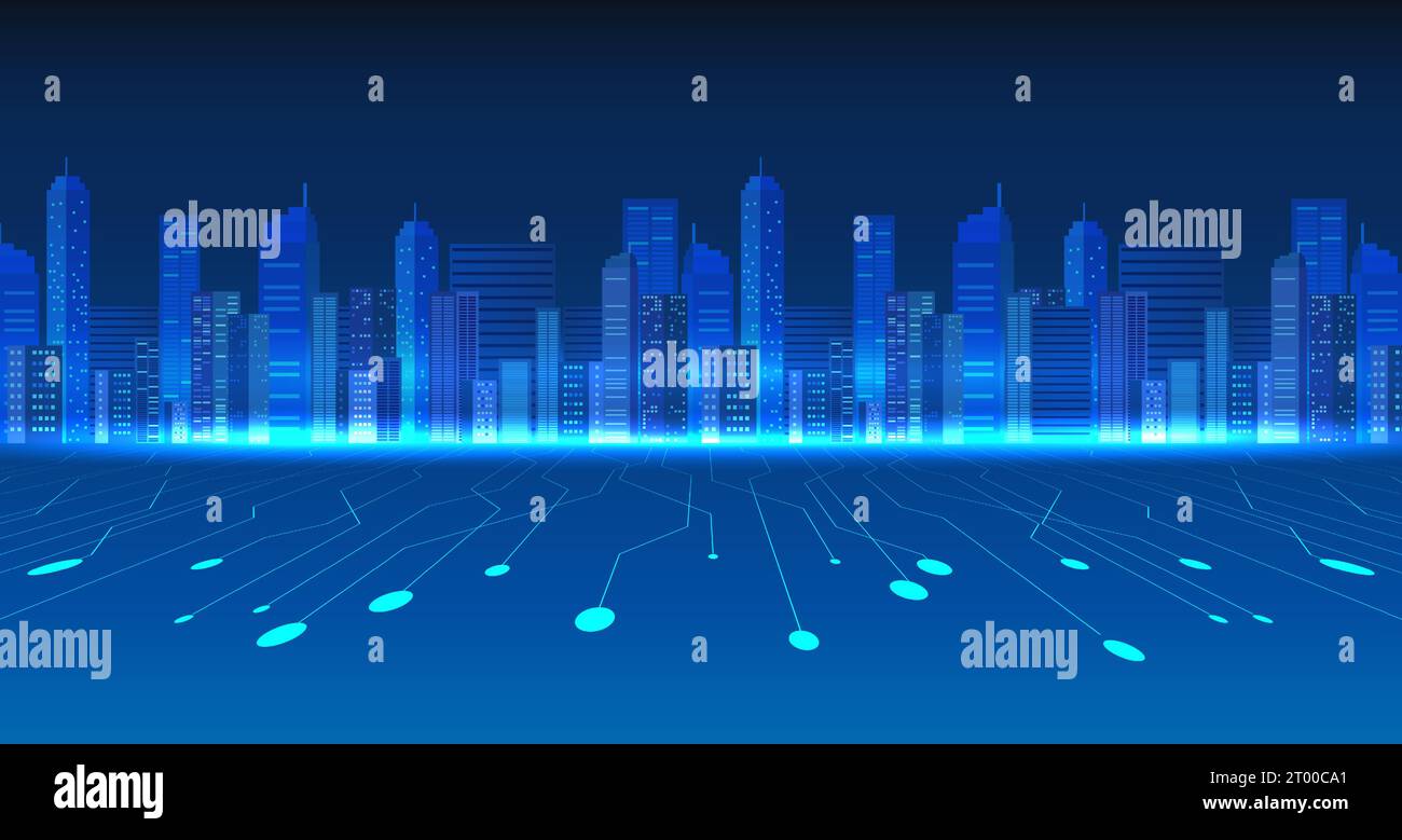 Smart city in front of the circuit board. Represents the integration of ...
