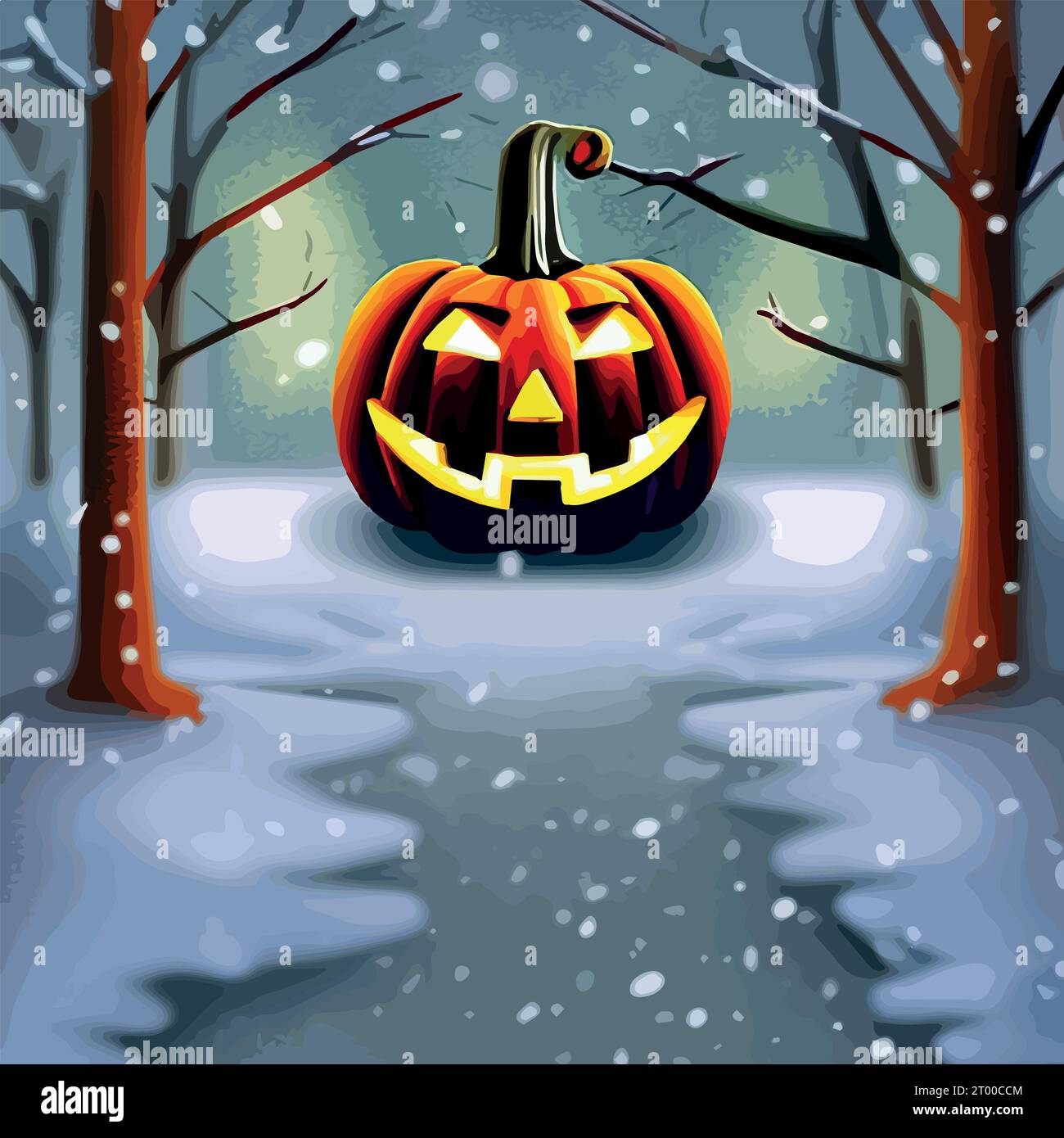 Halloween pumpkins in a snowy in a garden and bats in the vector ...