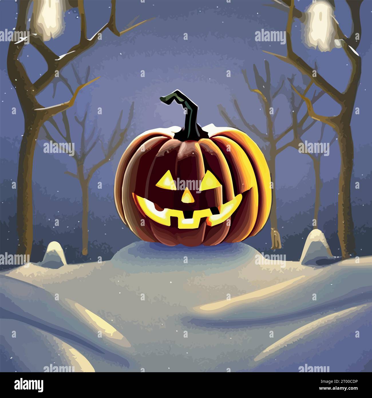 Halloween pumpkins in a snowy in a garden and bats in the vector ...