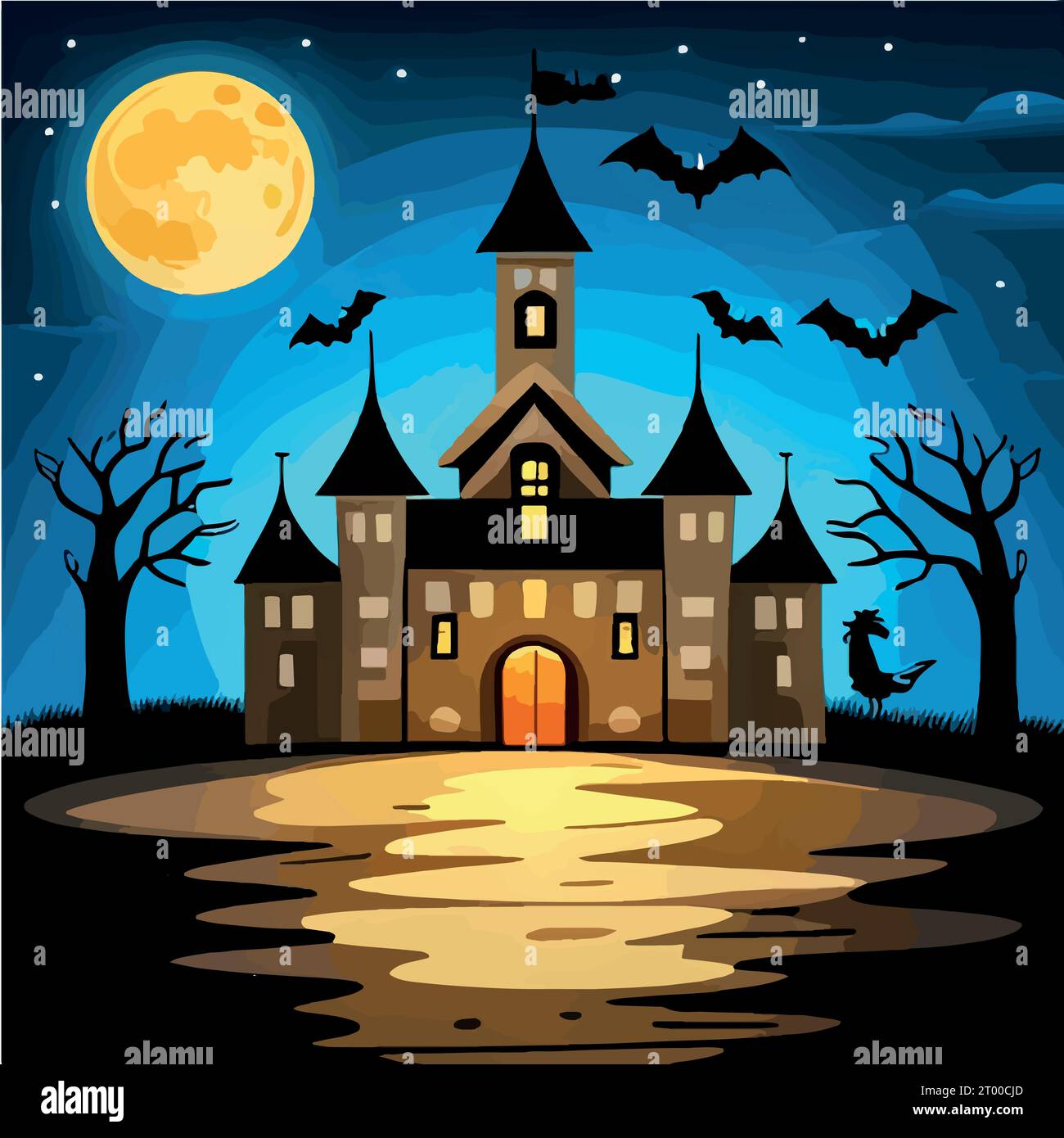 Halloween night with black silhouette castle on road and bats against ...