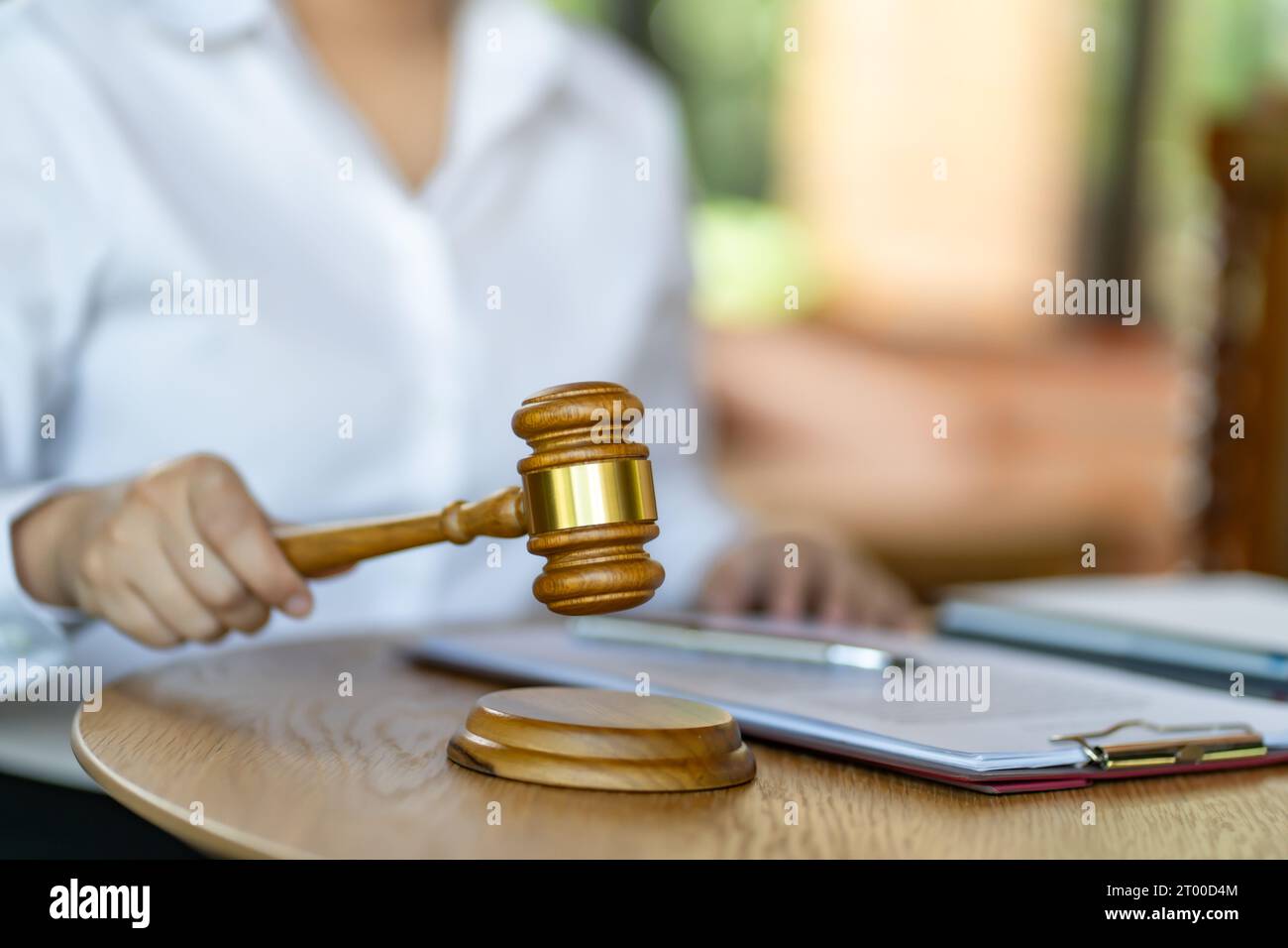 Lawyer Legal counsel presents to bid sale judgment mallet with judge ...