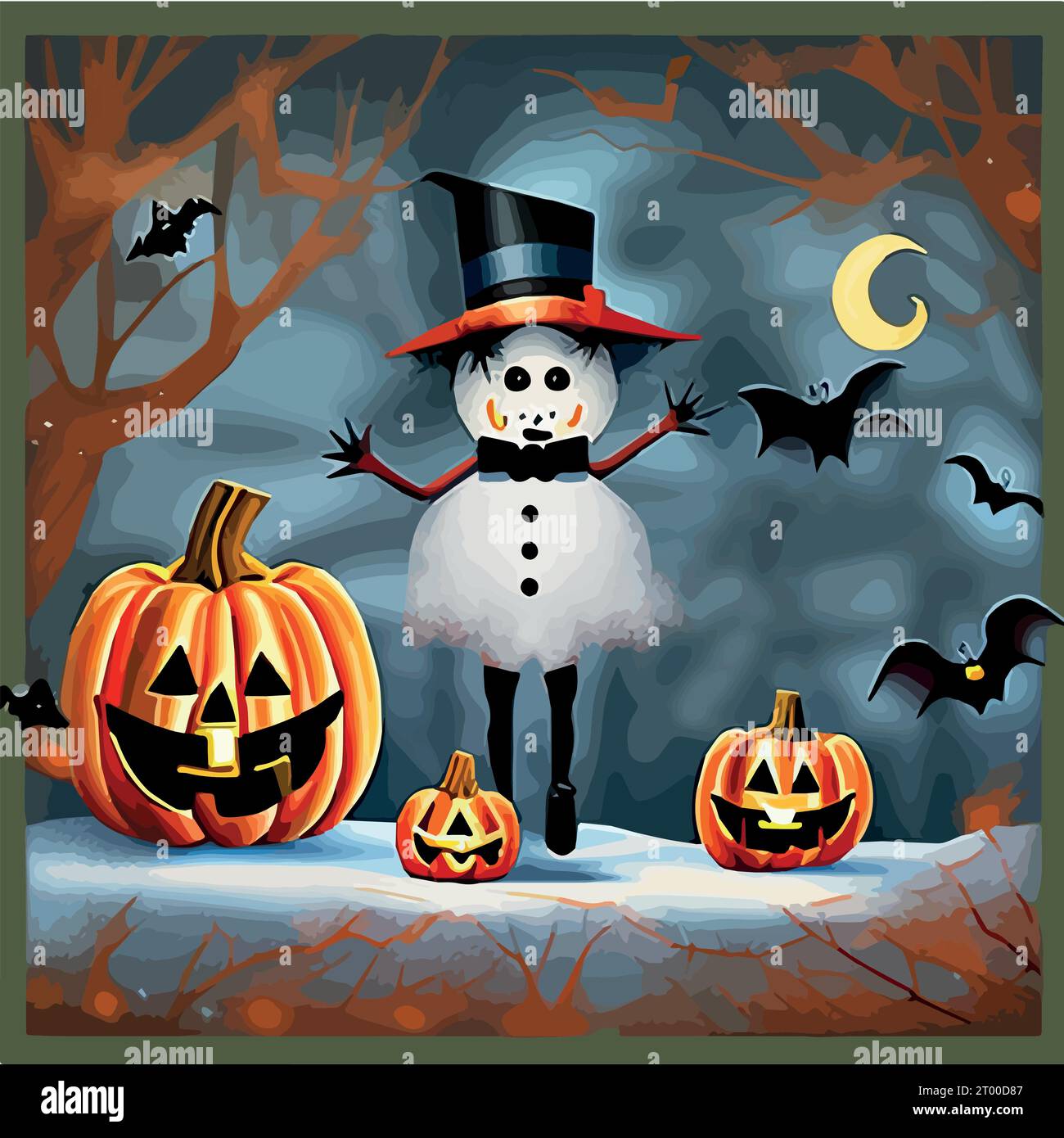 Halloween carved pumpkins and bats in the snowy forest vector ...