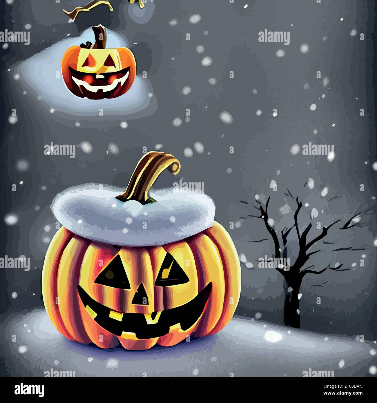 Halloween carved pumpkins and bats in the snowy forest vector ...