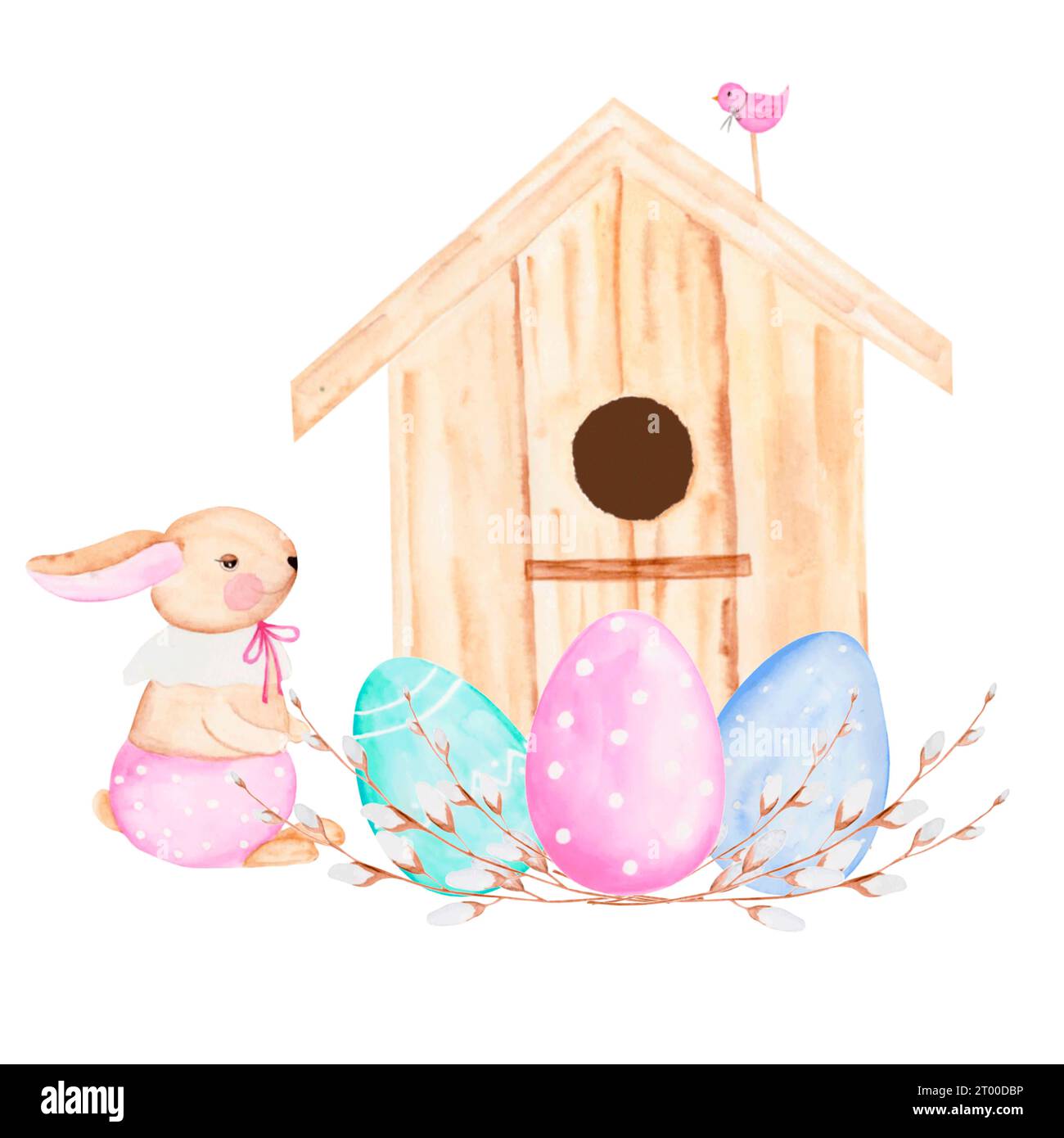 watercolor illustration of Easter house and eggs and willow and cute ...