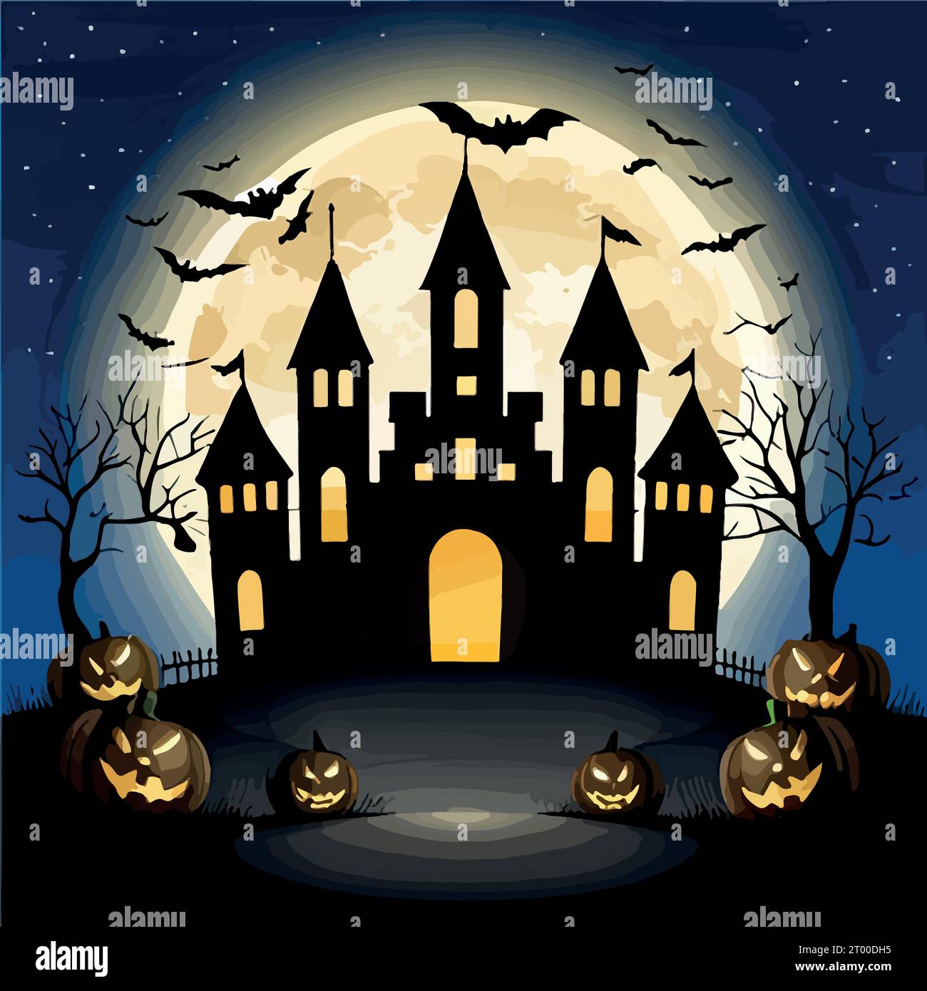 Halloween night with black silhouette castle on road and bats against ...