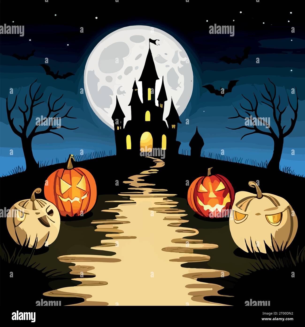 Halloween scene horror background with creepy pumpkins of spooky ...