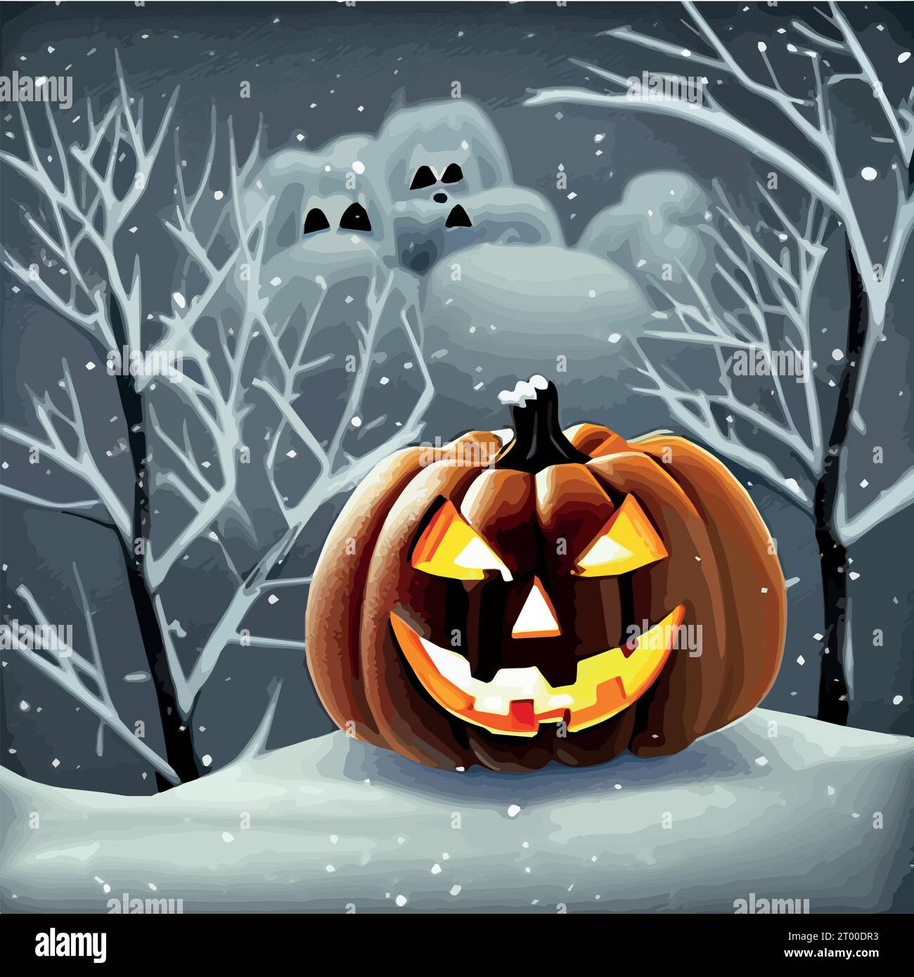 Halloween pumpkins in a snowy in a garden and bats in the vector ...