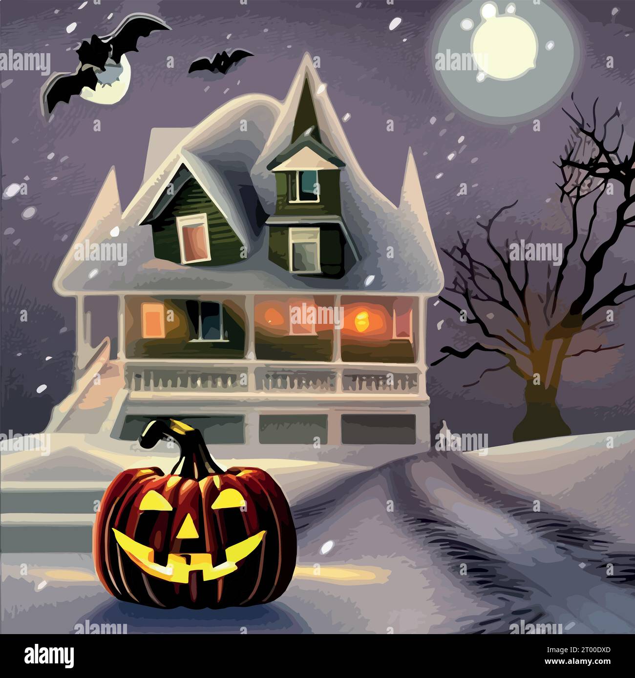Halloween pumpkins in a snowy in a garden and bats in the vector ...