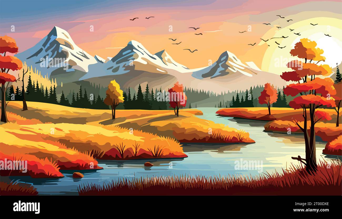 banner forest A river in the mountains with a mountain in the ...