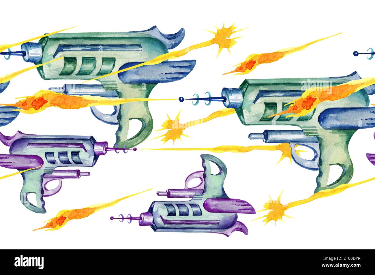 watercolor hand drawn seamless border with toy guns, fantastic weapons ...