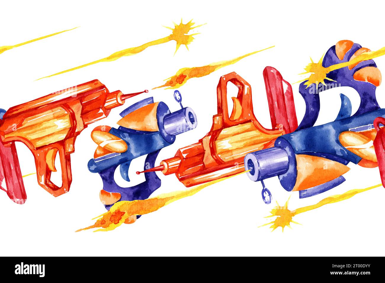 watercolor hand drawn seamless border with toy guns, fantastic weapons ...
