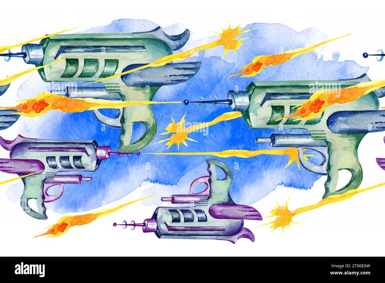 watercolor hand drawn seamless border with toy guns, fantastic weapons ...