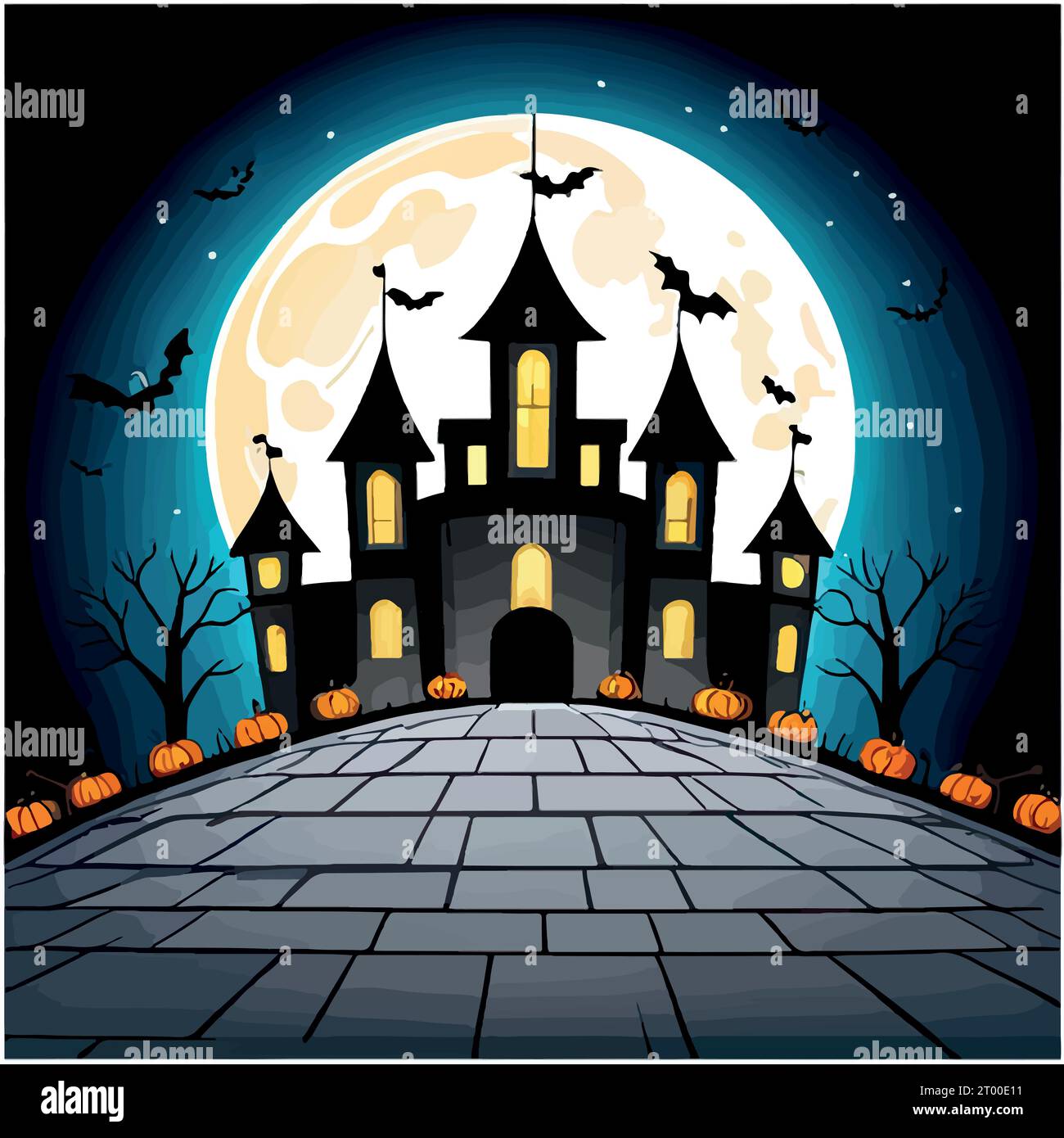 Halloween night with black silhouette castle on road and bats against ...