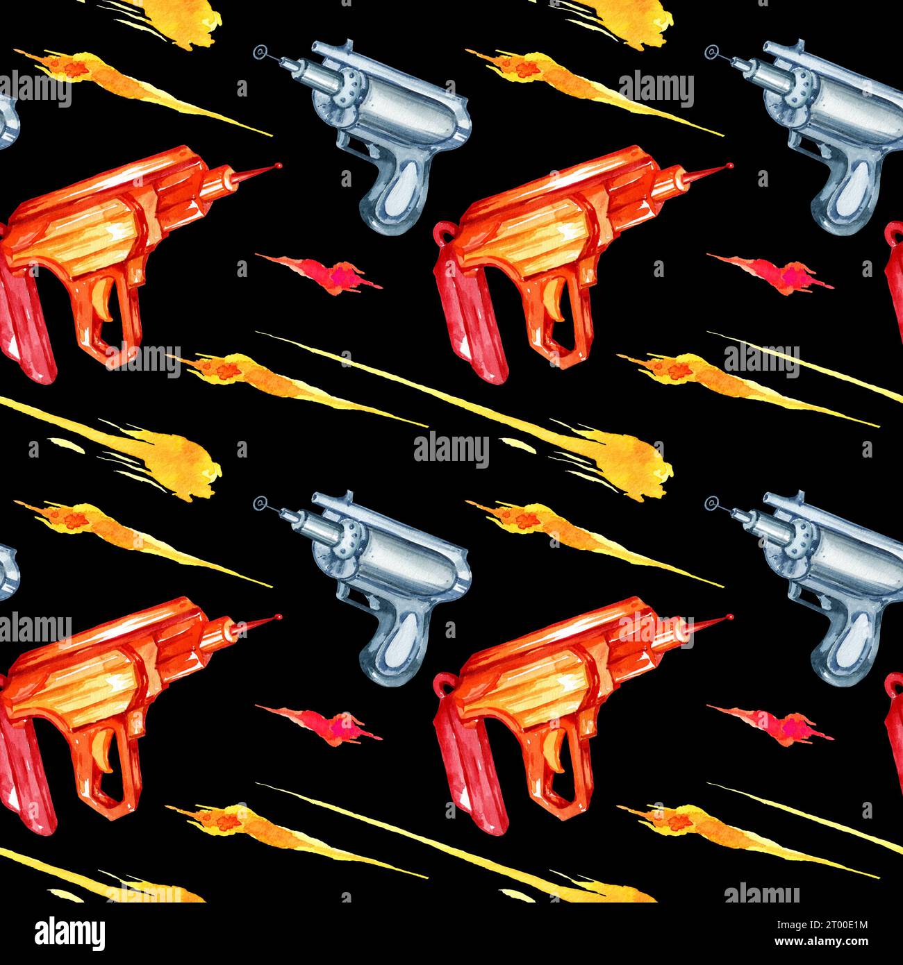watercolor hand drawn seamless border with toy guns, fantastic weapons ...