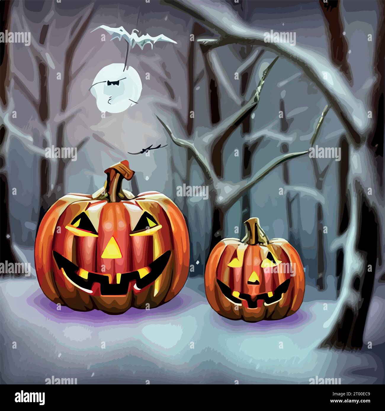 Halloween pumpkins in a snowy in a garden and bats in the vector ...