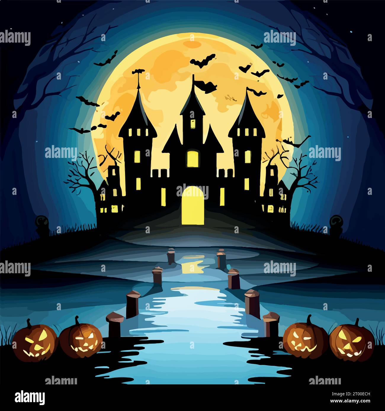 Halloween night with black silhouette castle on road and bats against ...