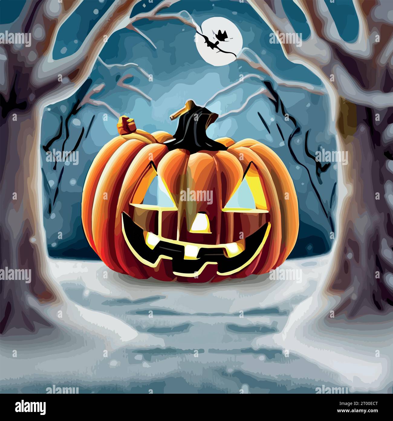Halloween carved pumpkins and bats in the snowy forest vector ...