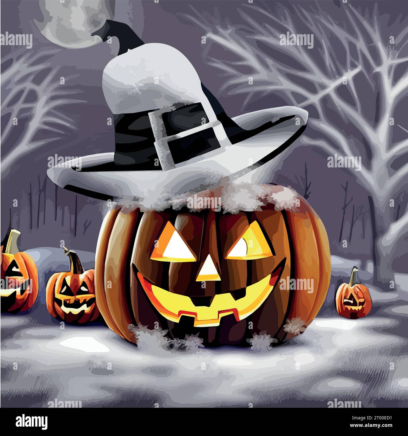 Halloween pumpkins in a snowy in a garden and bats in the vector ...