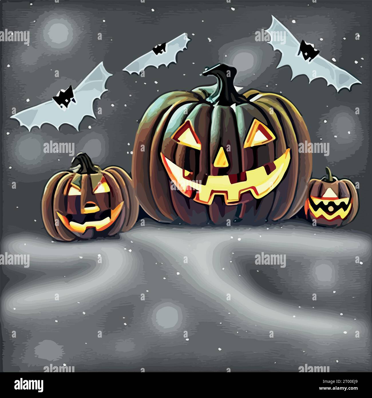 Halloween carved pumpkins and bats in the snowy forest vector ...