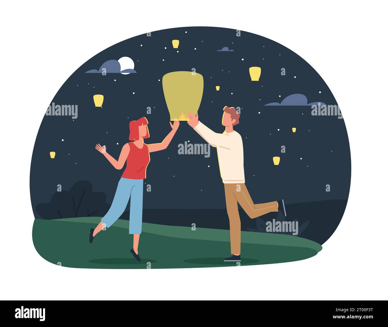 Couple in love launch lantern into night sky, traditional indian or ...
