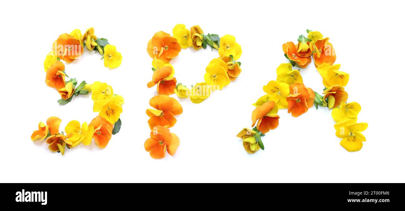 The word SPA made of yellow pink red and orange flowers. The floral ...