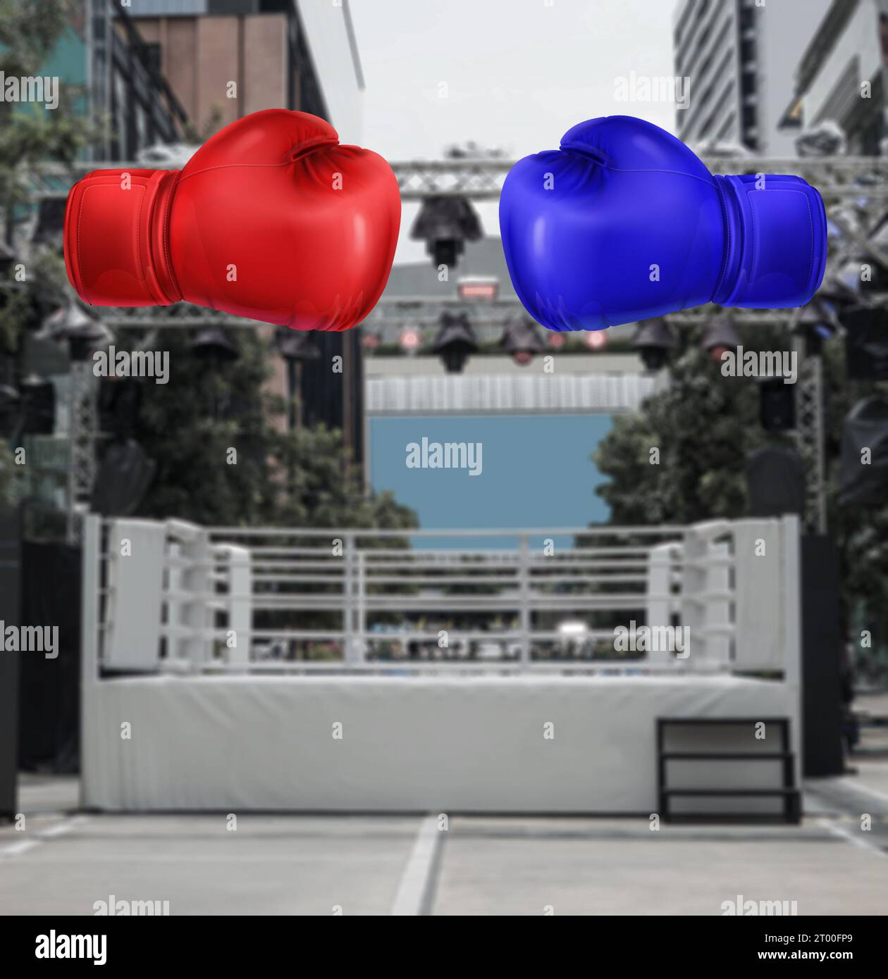 Boxing ring arena with red and blue boxing gloves Stock Photo - Alamy