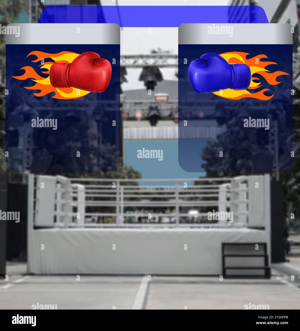 Boxing ring arena with red and blue boxing gloves on fire Stock Photo ...