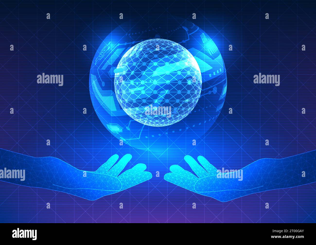 Artificial intelligence,where technology meet humanity.Hands reaching out technological lines ...