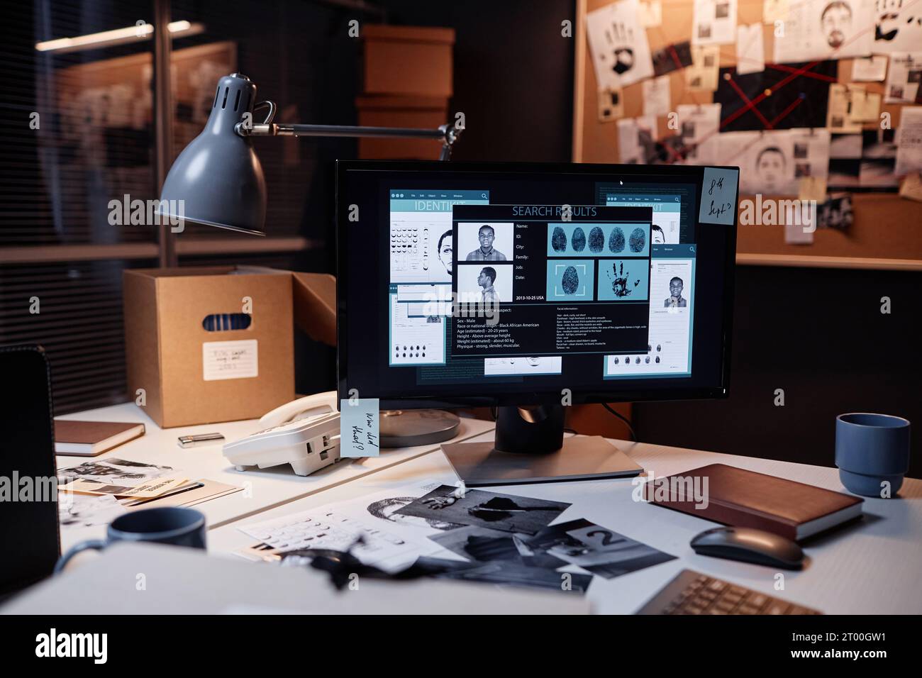 Background image of computer with personal file on desk in detectives ...