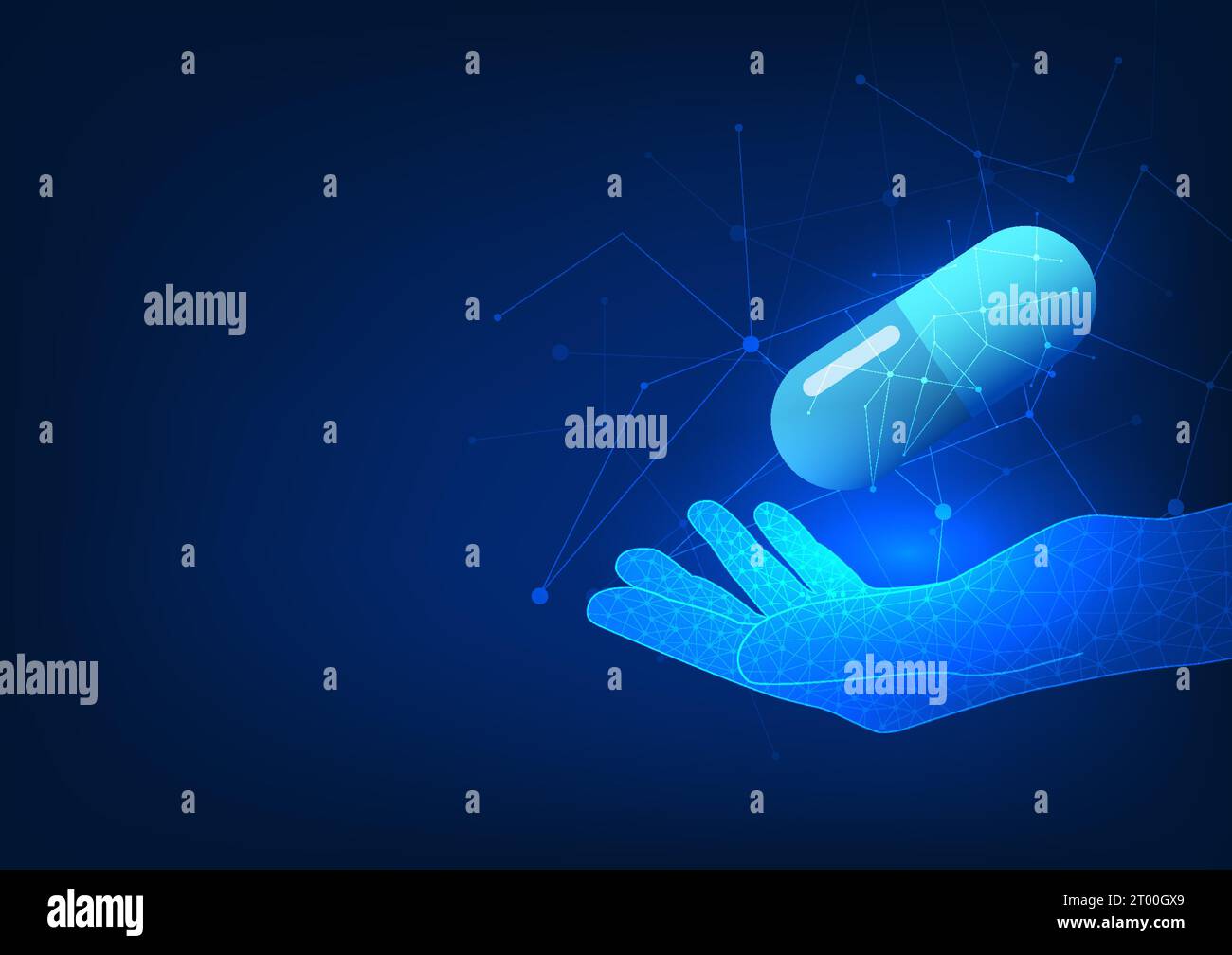 Technology background with a hand holding a pill, symbolizing modern ...