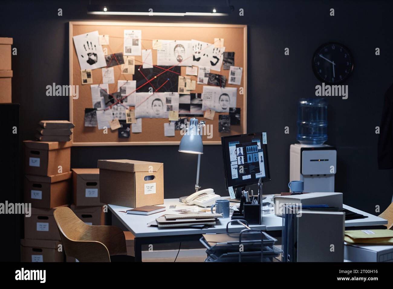 Background image of retro detectives office with evidence board lit by ...
