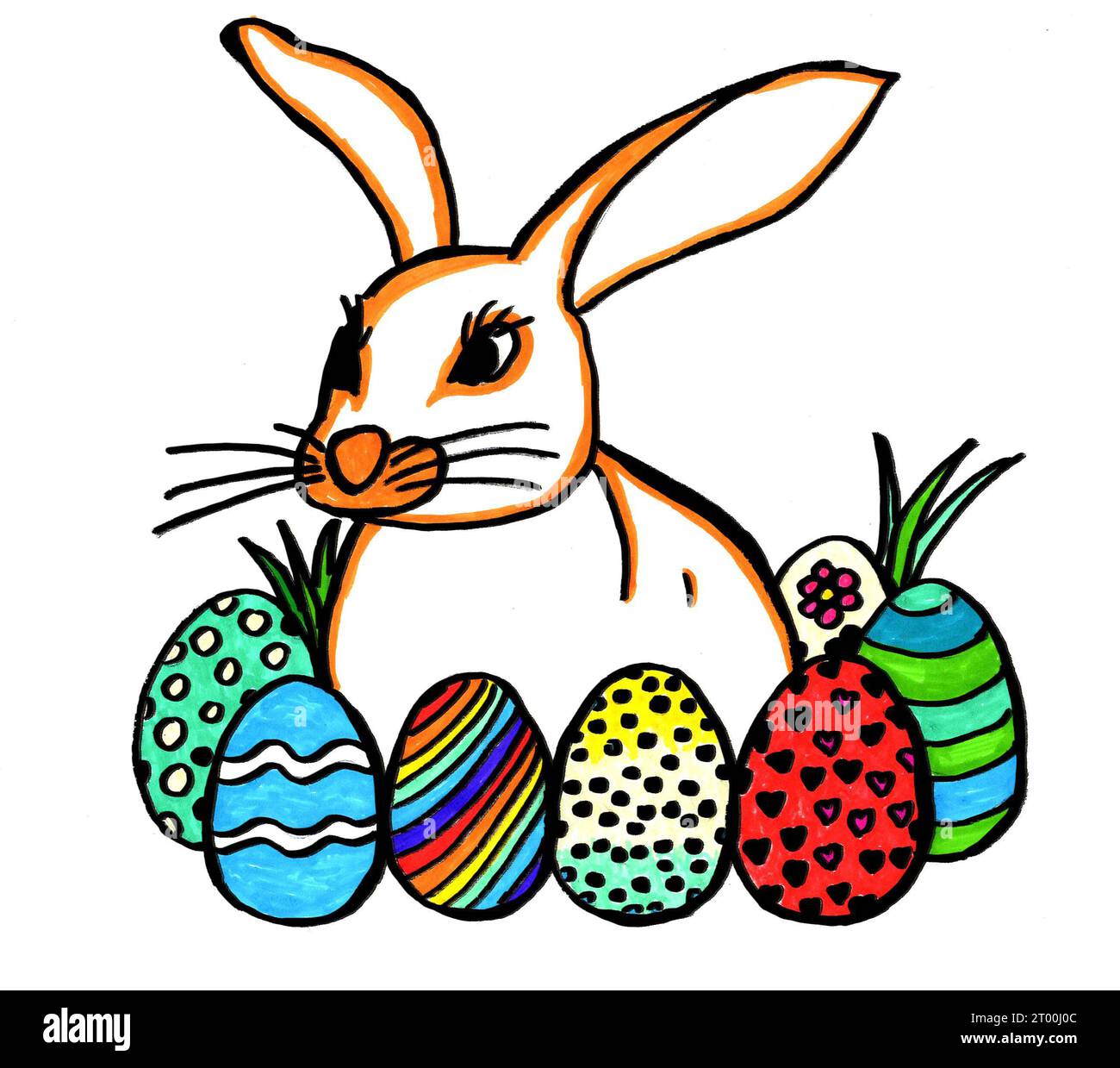 rabbit and seven happy easter eggs hand drawing bunny for children ...