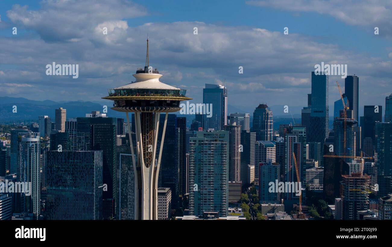 Aerial View Of The Seattle Space Needle In The Port City Of Seattle ...
