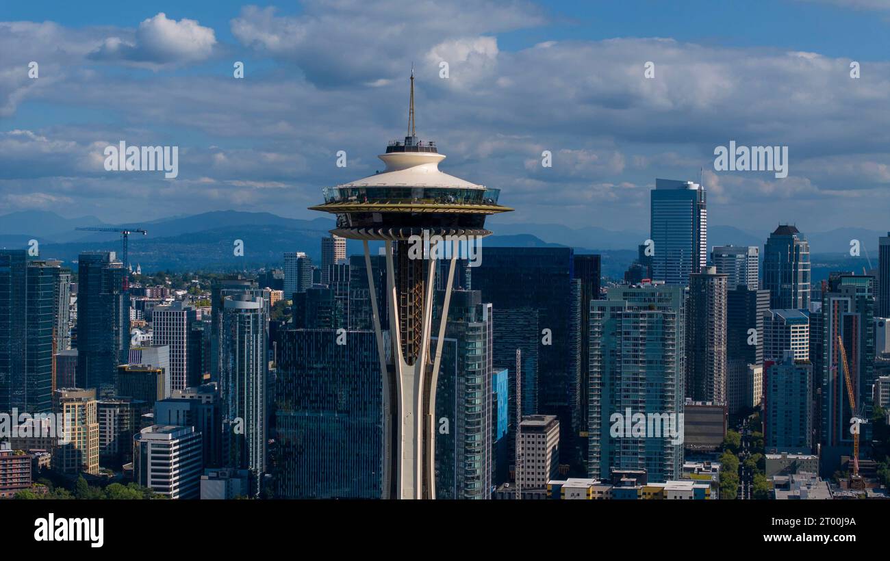 Aerial View Of The Seattle Space Needle In The Port City Of Seattle ...