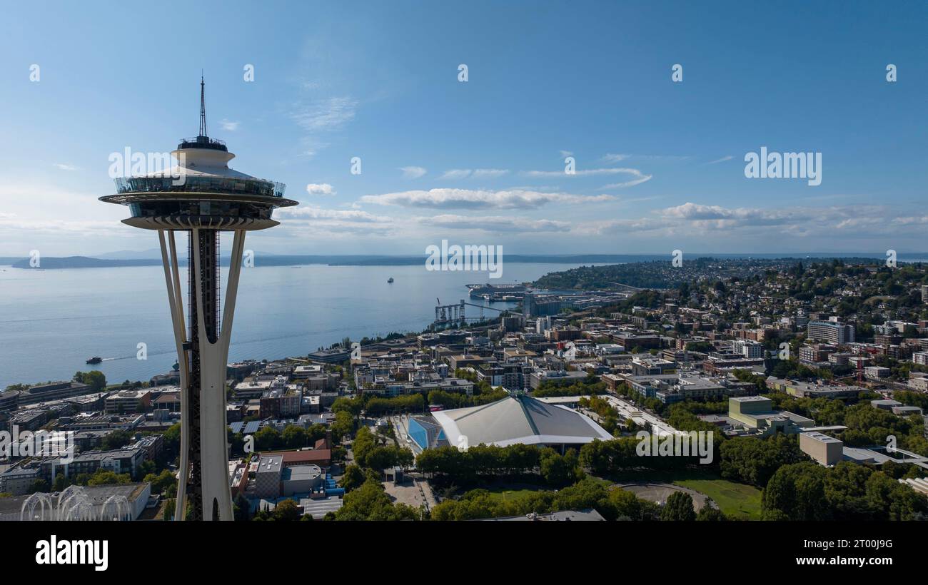 Aerial View Of The Seattle Space Needle In The Port City Of Seattle ...