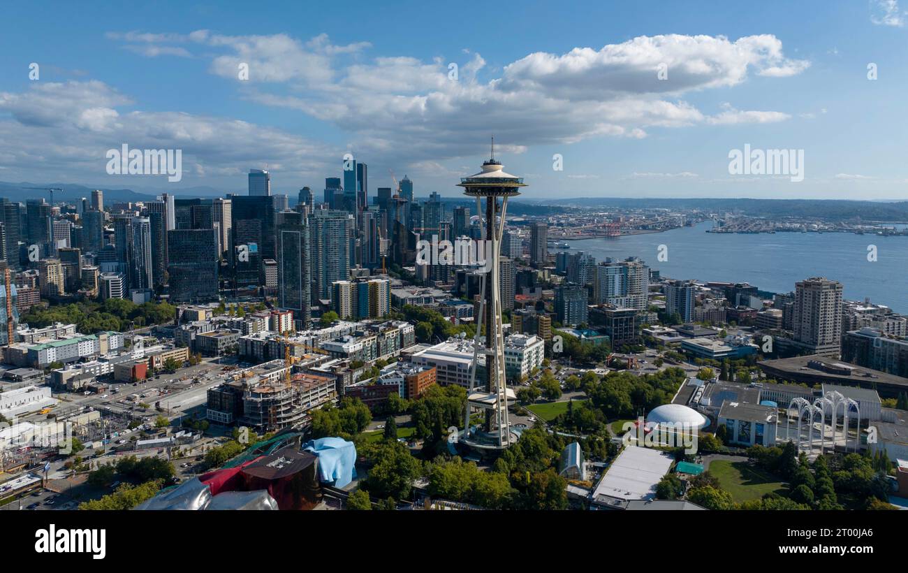 Aerial View Of The Seattle Space Needle In The Port City Of Seattle ...