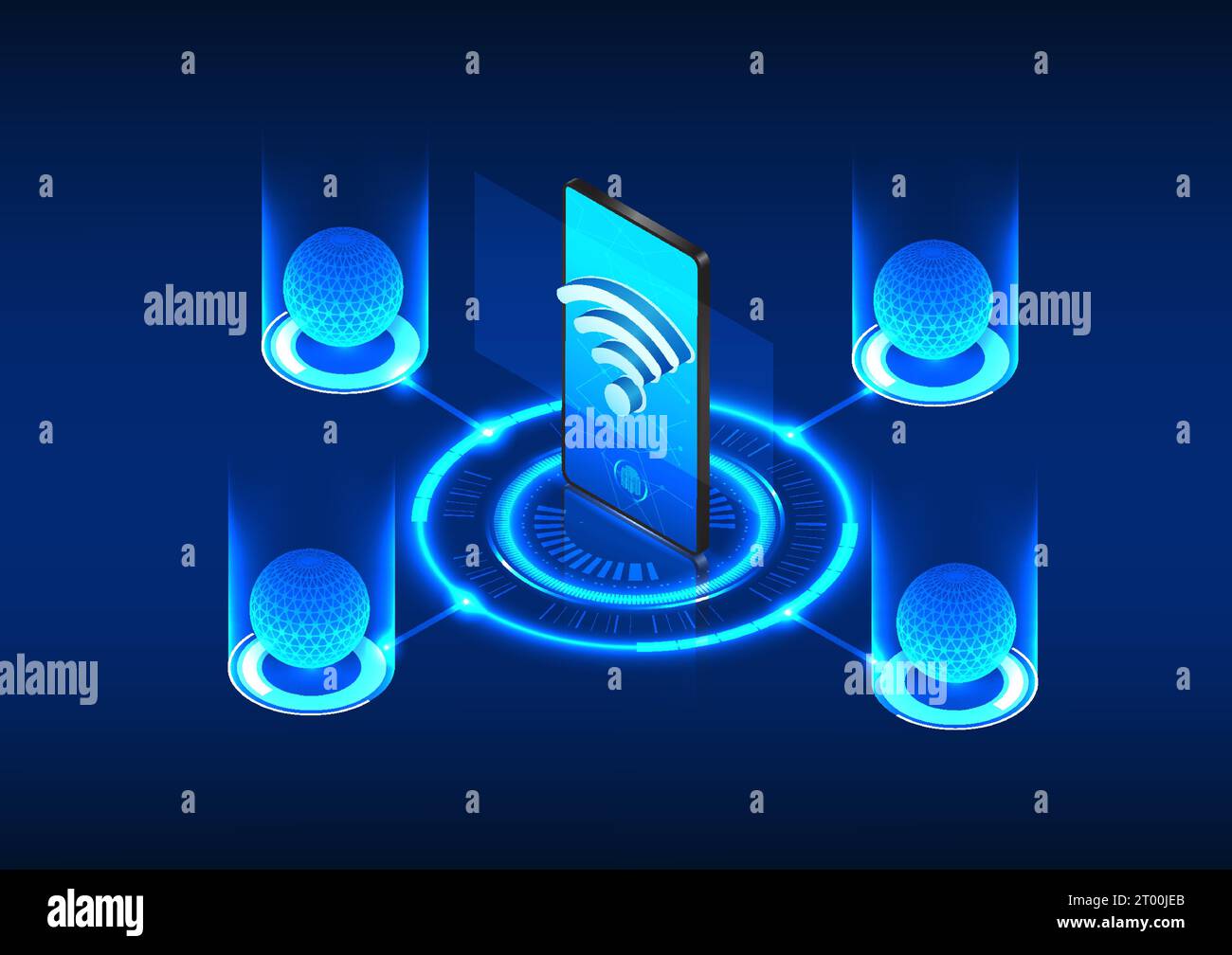 Tech backdrop with smartphone at center, surrounded by Wi-Fi symbol and ...