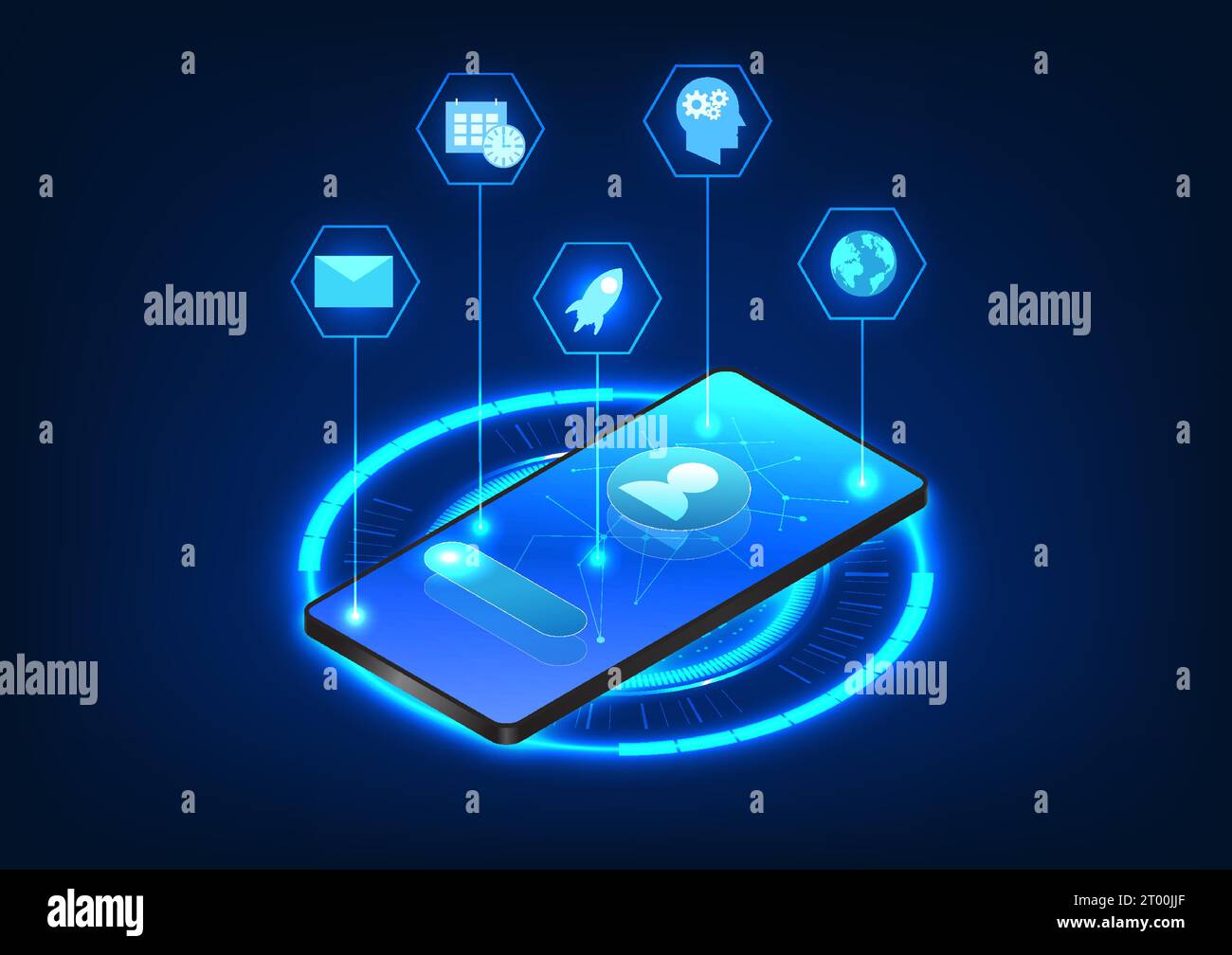 Digital technology mobile phone rests on a dark blue background, its ...