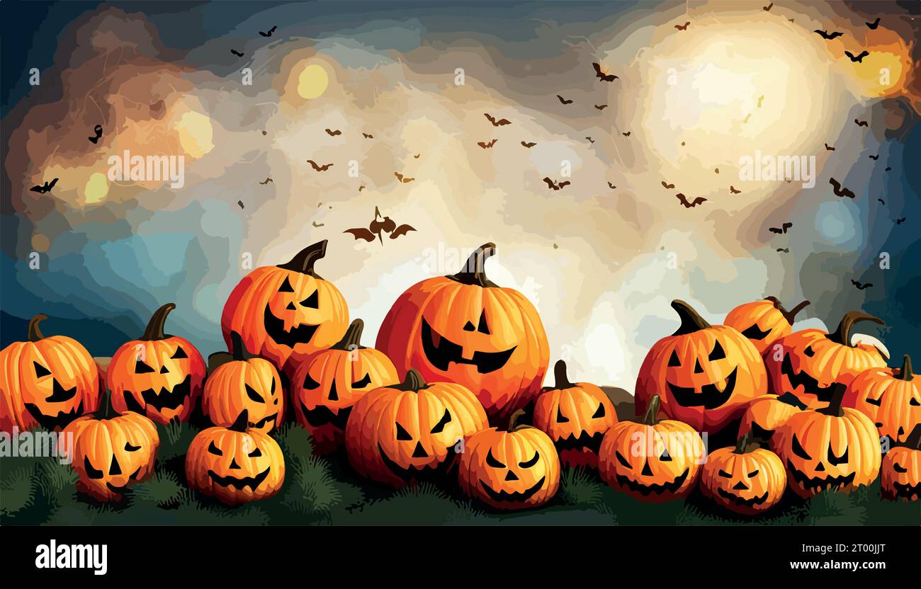 Halloween pumpkin patch in the moonlight. Jack O Lantern party ...