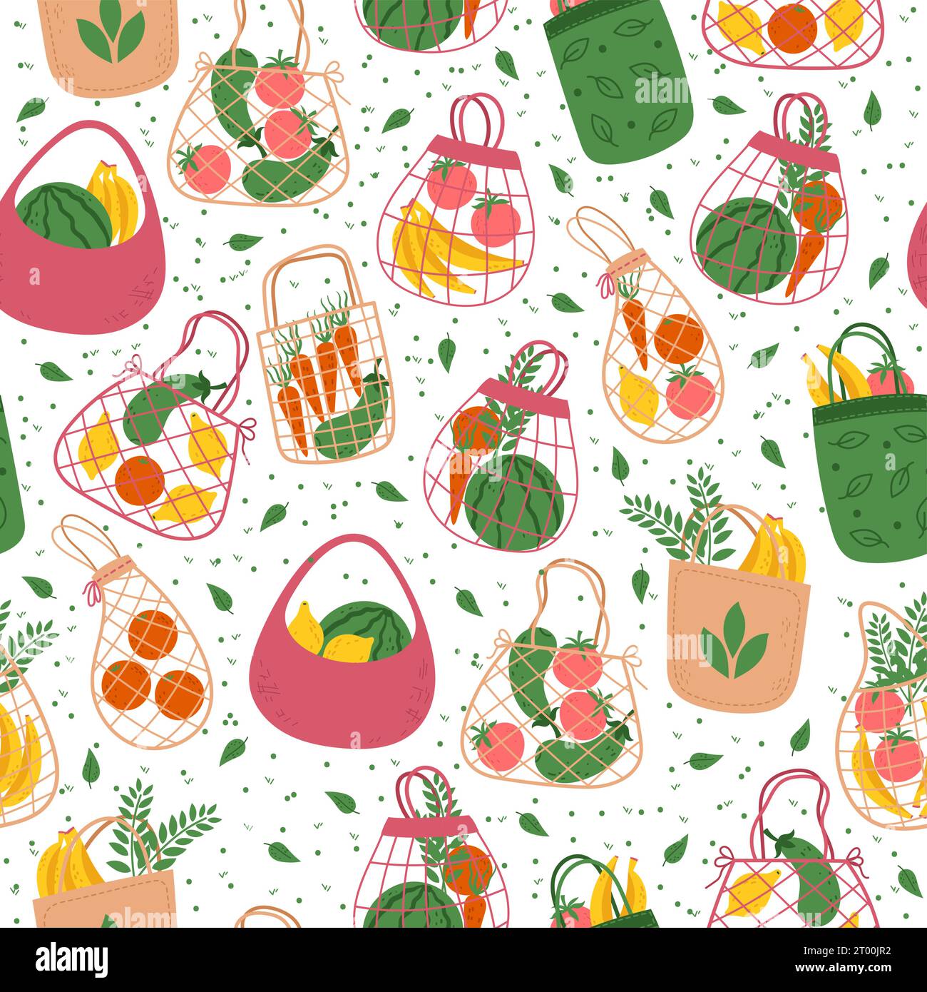 Seamless grocery bag pattern. Fruit and vegetables, organic products ...