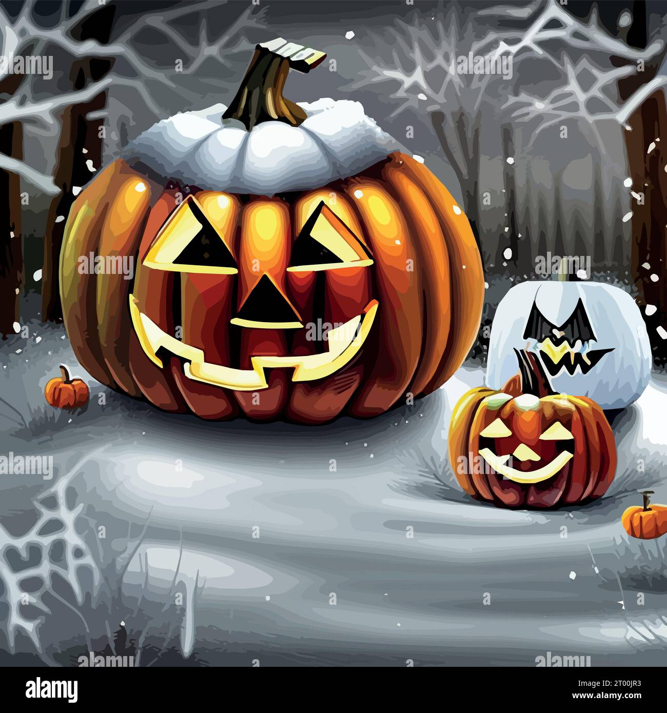 Halloween carved pumpkins and bats in the snowy forest vector ...