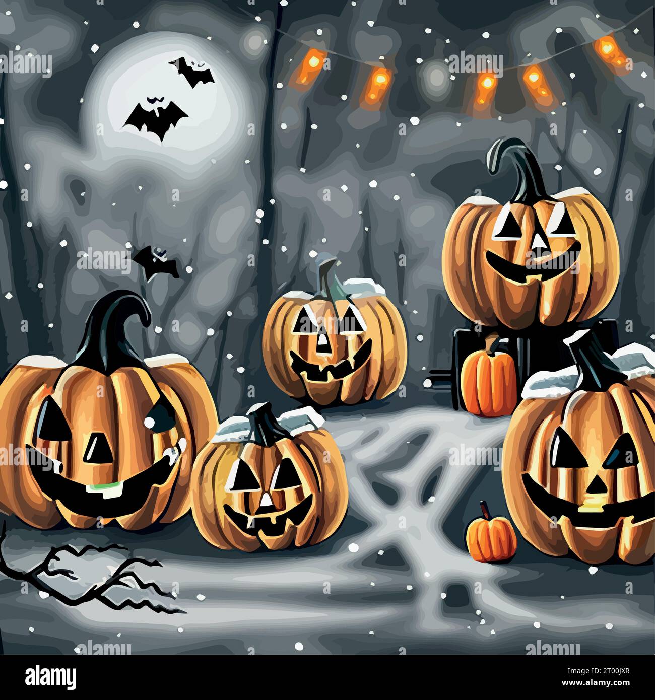Halloween carved pumpkins and bats in the snowy forest vector ...