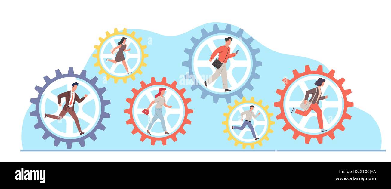 Teamwork concept, businessmen running inside machine gears. Male and ...