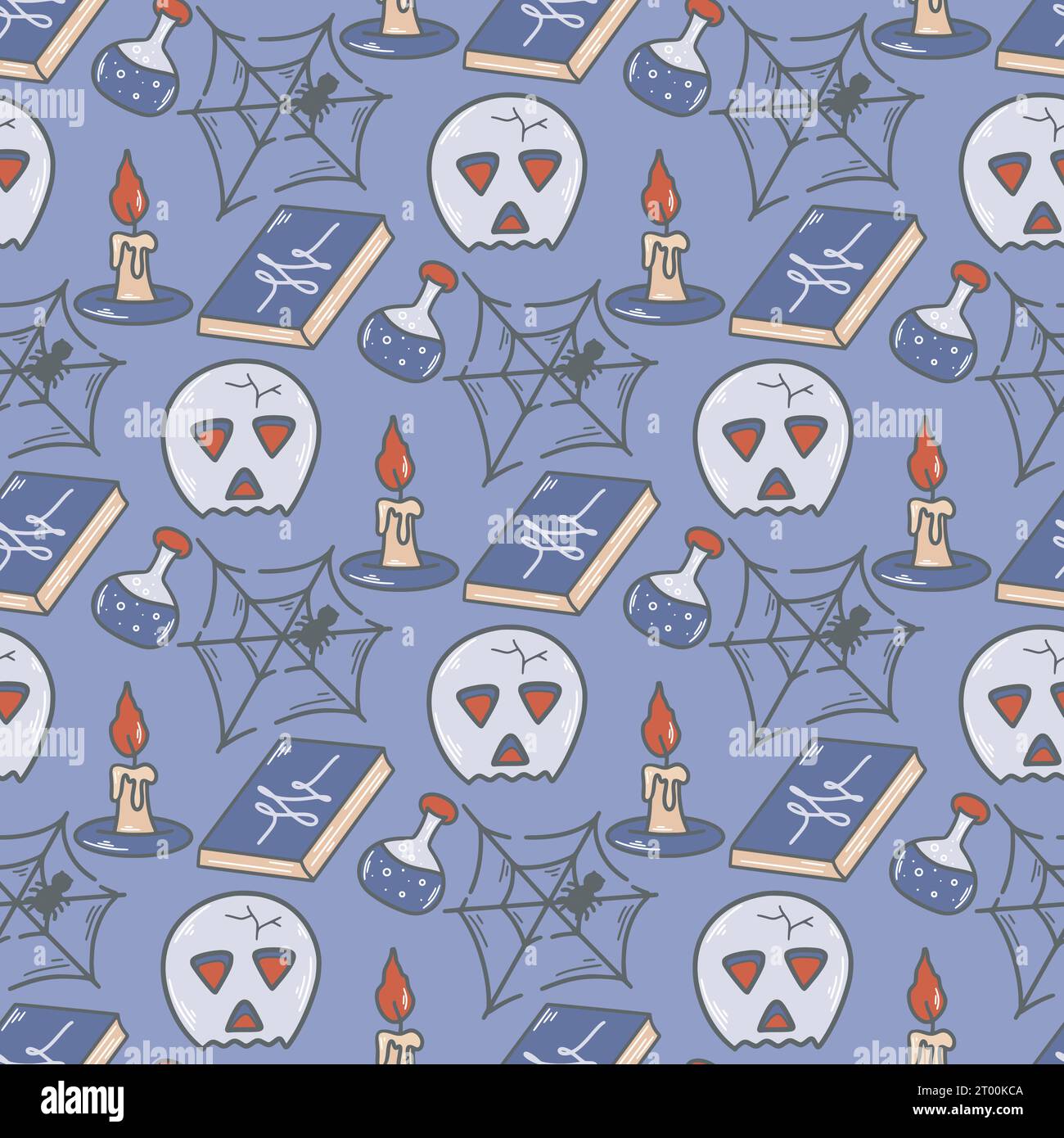 Skull, spell book, candle, witch potion seamless pattern. Halloween ...